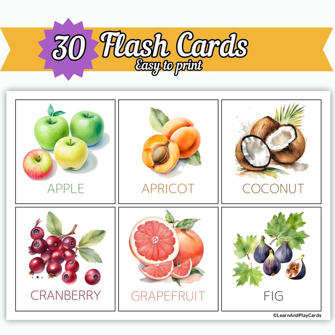 30 Fruit Flash Cards, Early Learning Flash Cards, Educational Printable ...