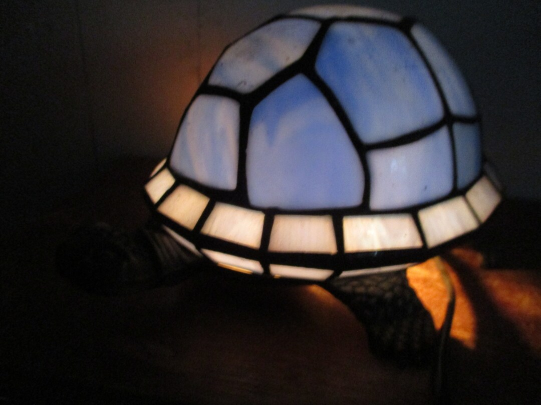 Refurbished Tiffany Style Lamp Turtle Vintage 1980s Blue Stained Glass ...