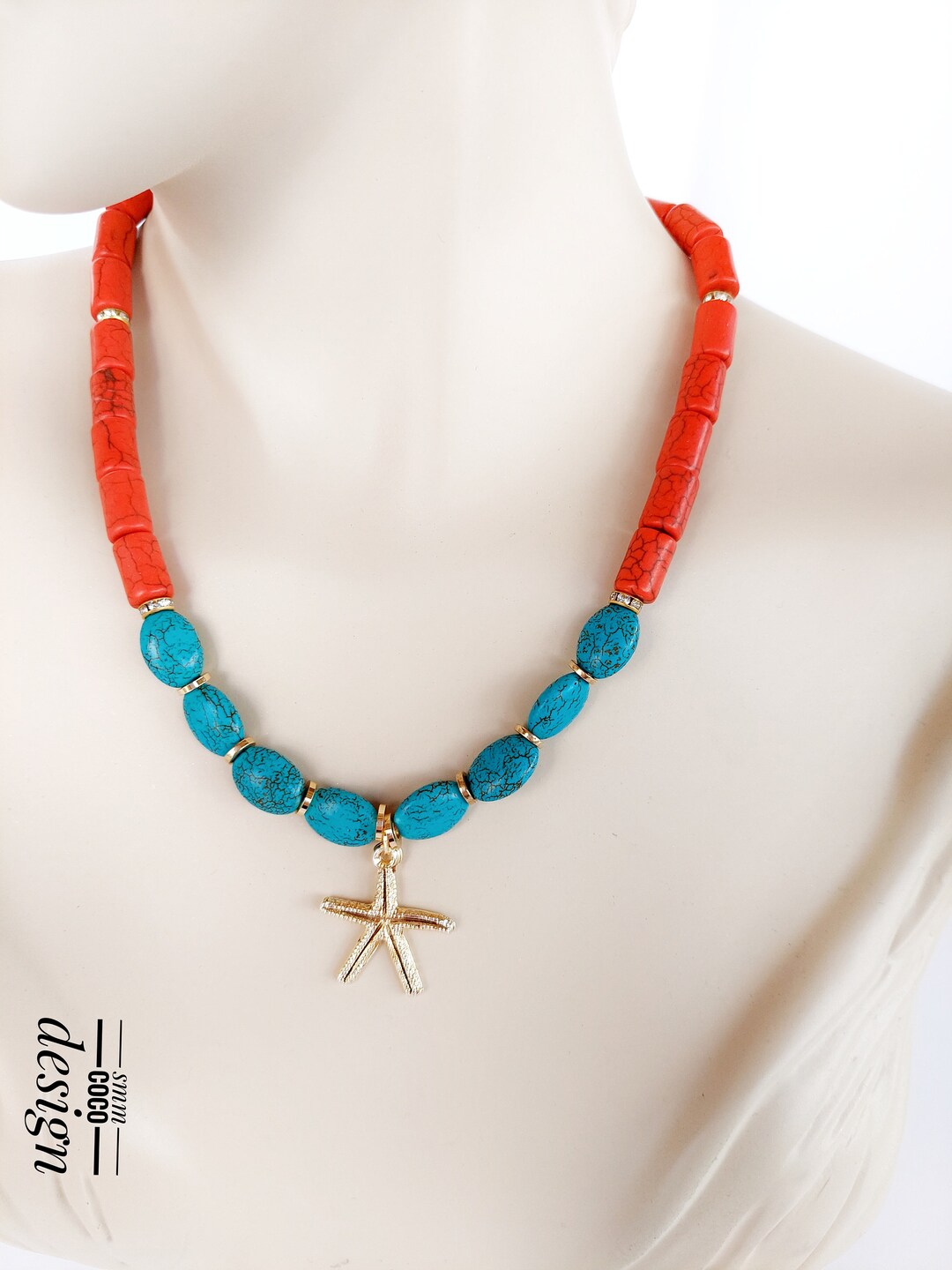 Red Coral Turquoise Necklace: Starfish Pendant, Ocean Jewelry - Etsy