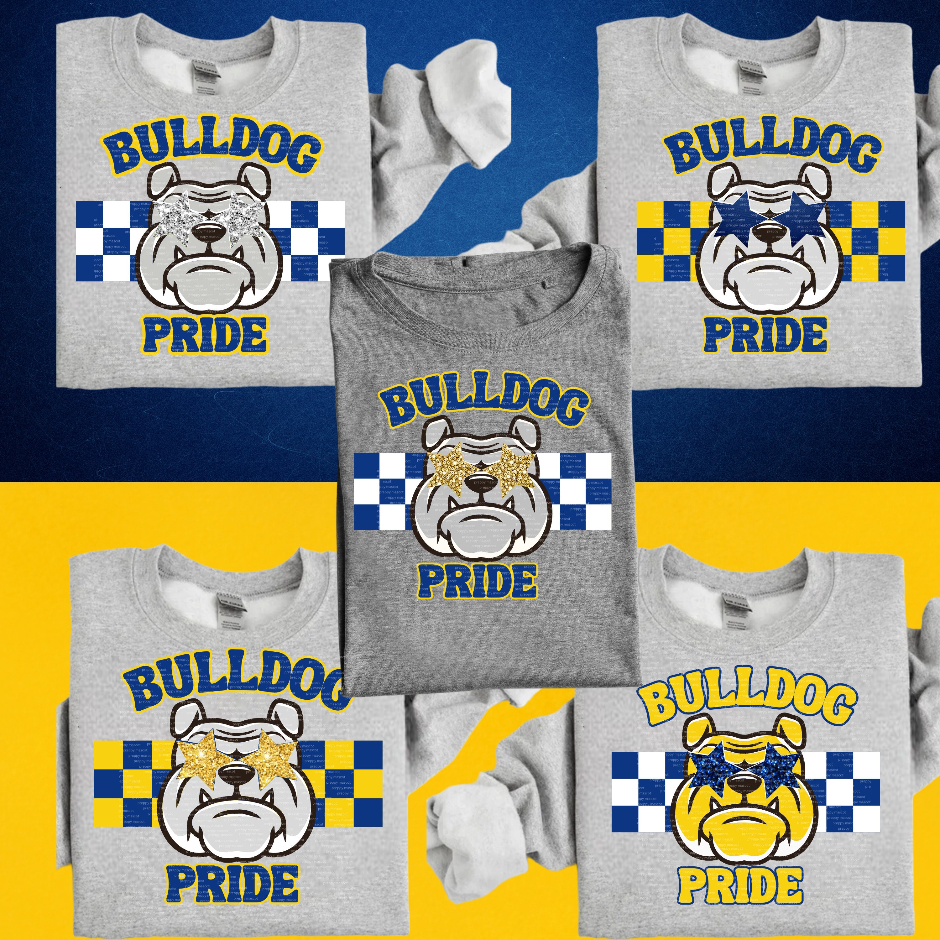 Preppy Blue and Yellow Bulldog Mascot PNG Glitter Star Eyes Sunglasses ...