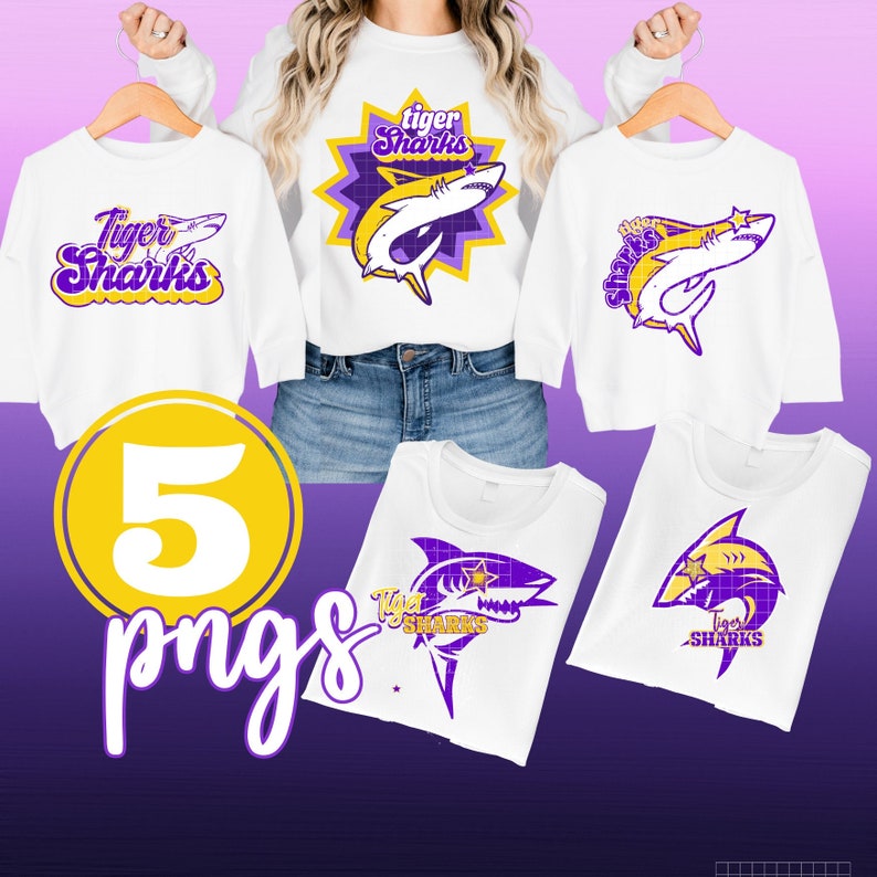 5 Purple Preppy Sharks Mascot PNG Team Shirts High School College ...