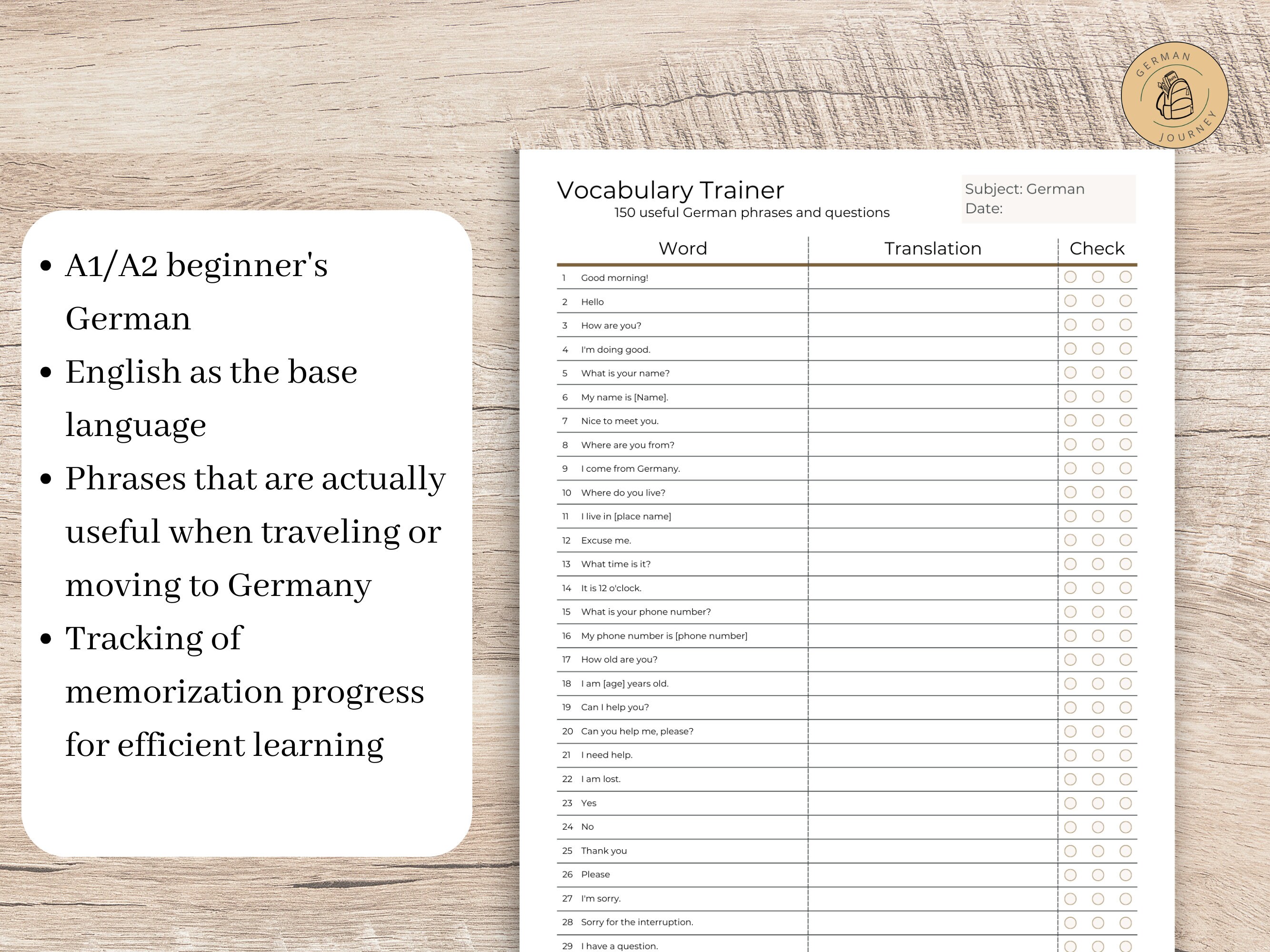 English German Vocabulary Worksheet: 150 Useful German Phrases Digital ...