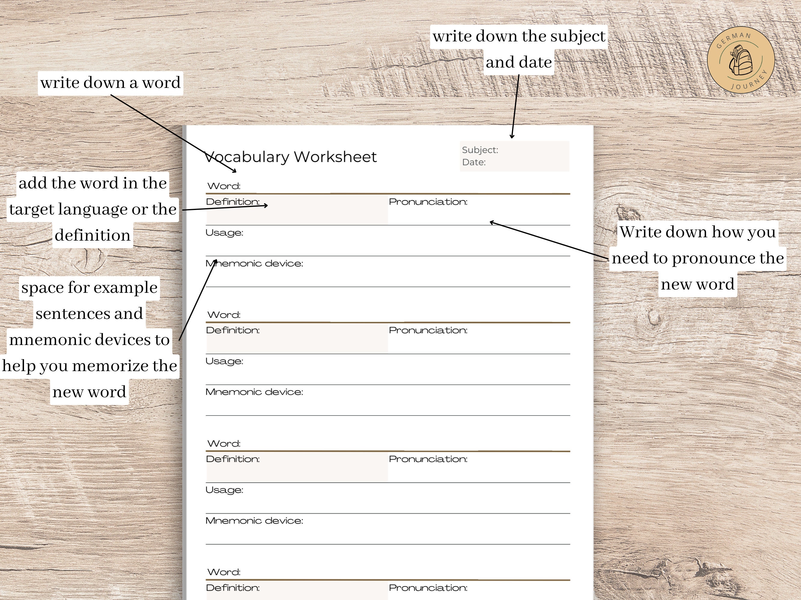 Comprehensive Vocabulary Practice Sheet Template| Digital Goodnotes ...