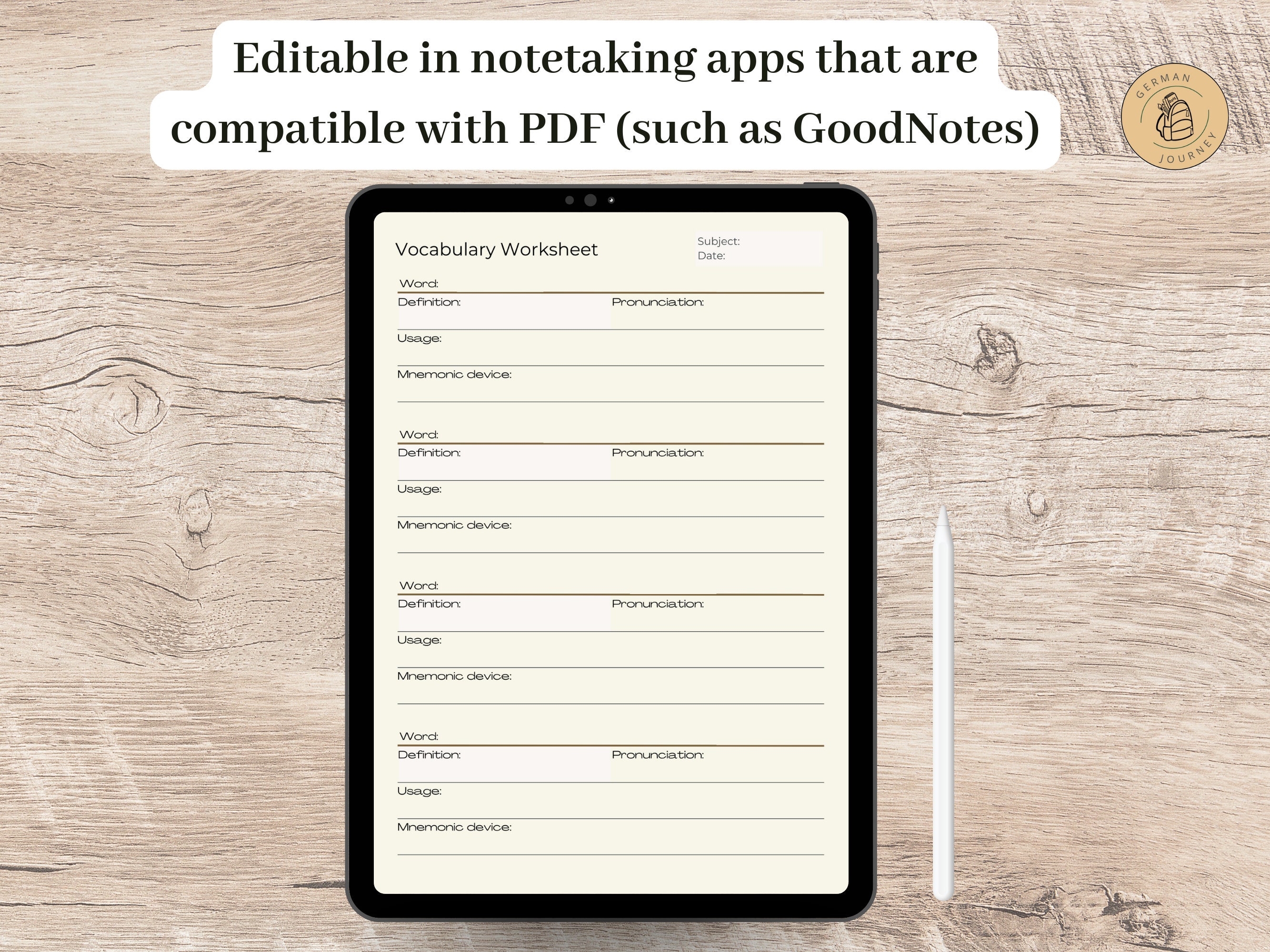 Comprehensive Vocabulary Practice Sheet Template| Digital Goodnotes ...