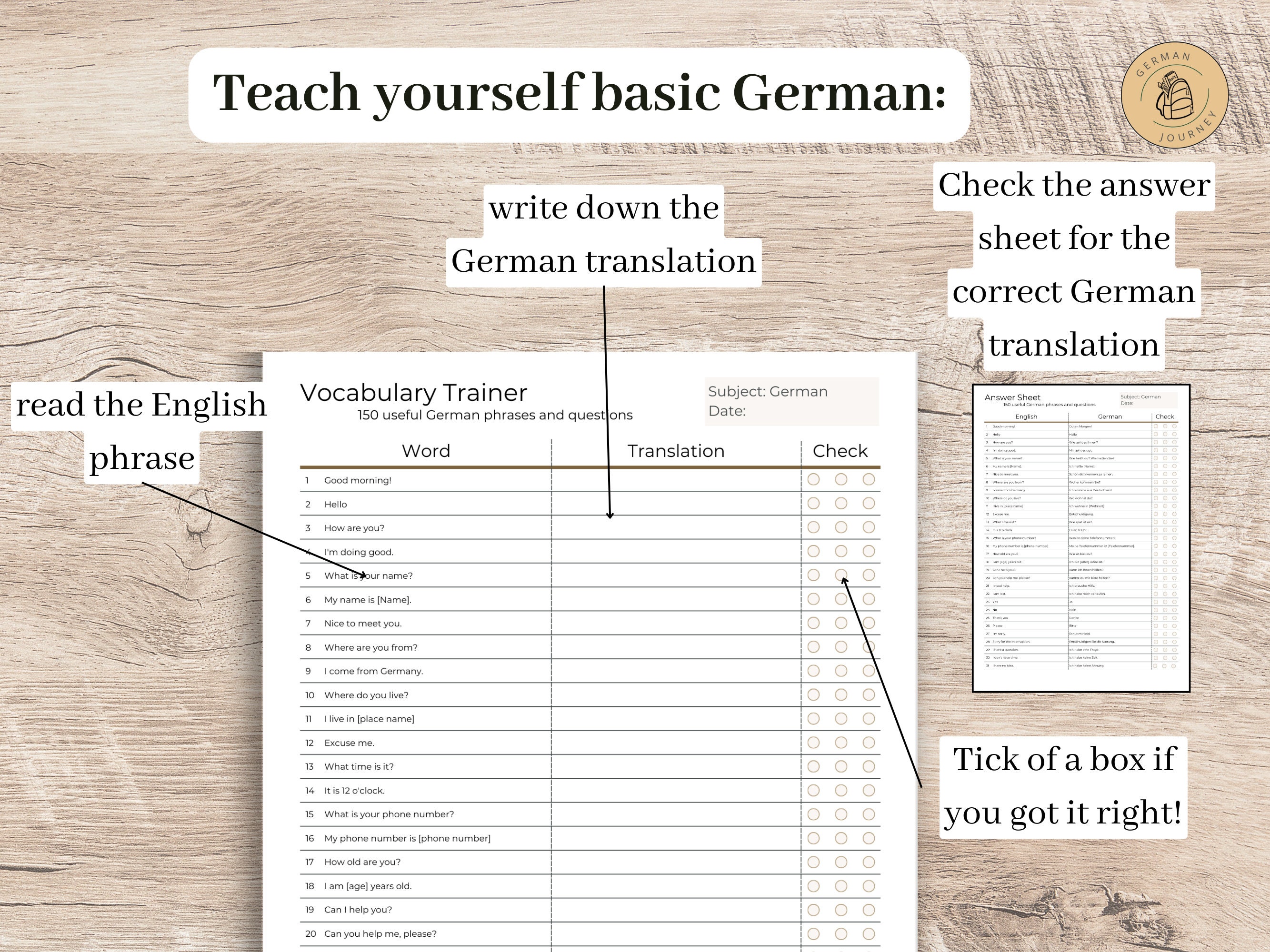 English German Vocabulary Worksheet: 150 Useful German Phrases Digital ...