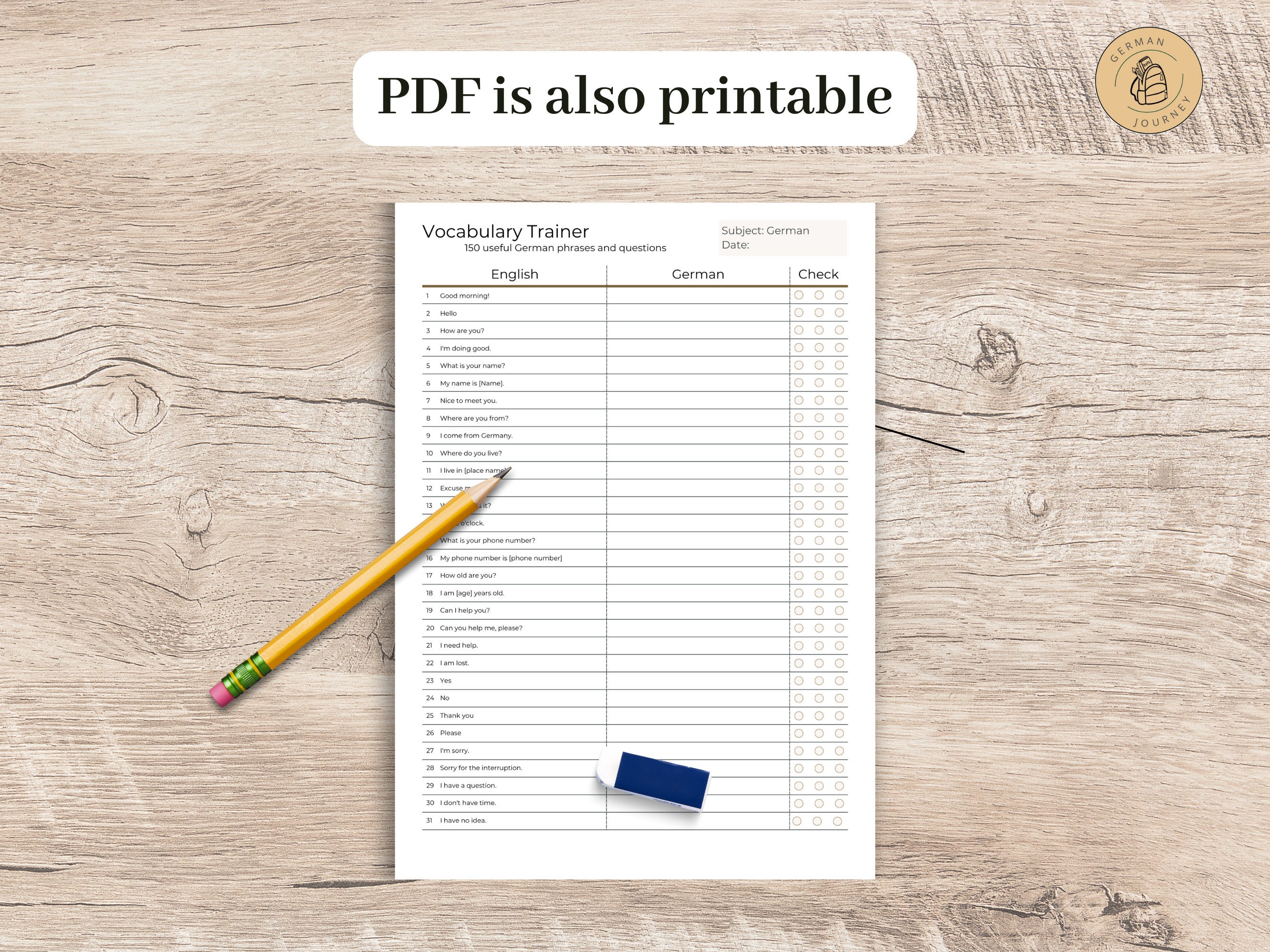 English German Vocabulary Worksheet: 150 Useful German Phrases Digital ...