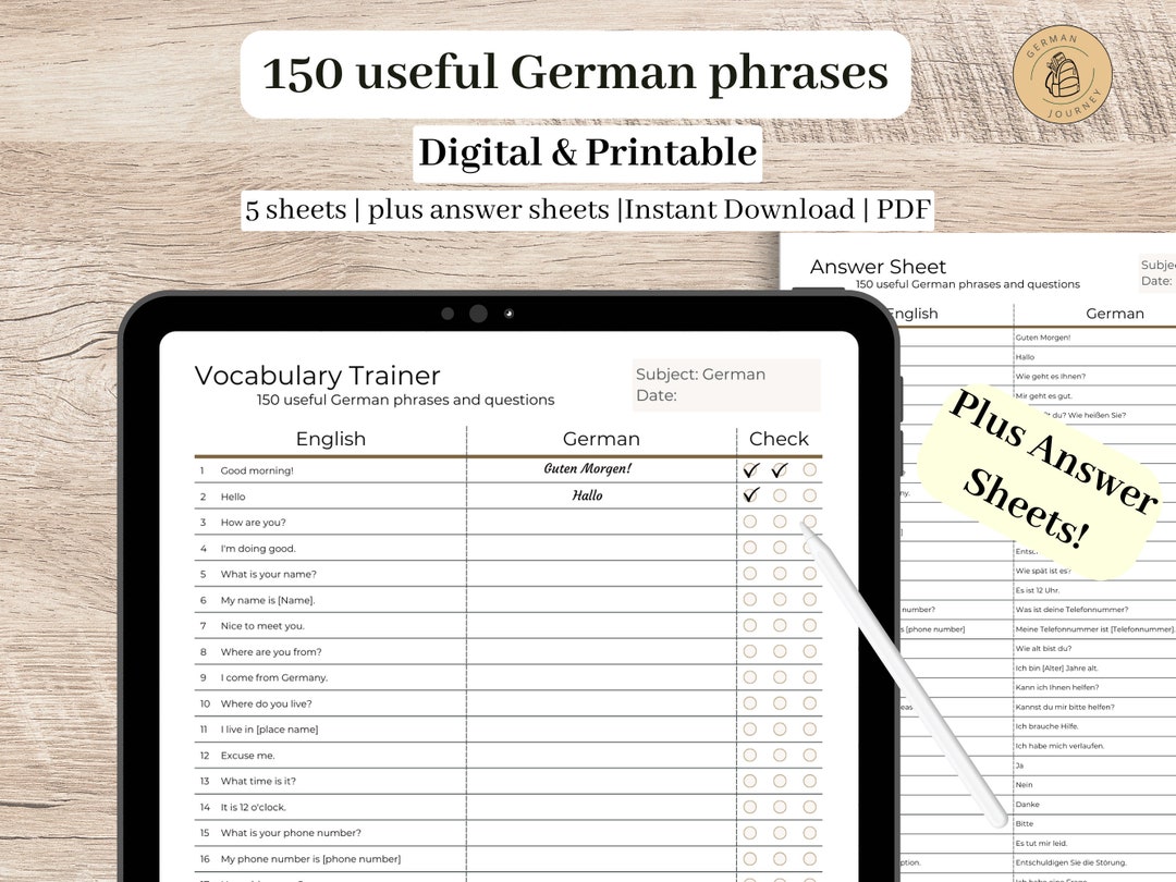 English German Vocabulary Worksheet: 150 Useful German Phrases ...
