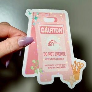 Holographic ADHD Hyperfocus Vinyl Sticker: Pink Caution Design - Etsy