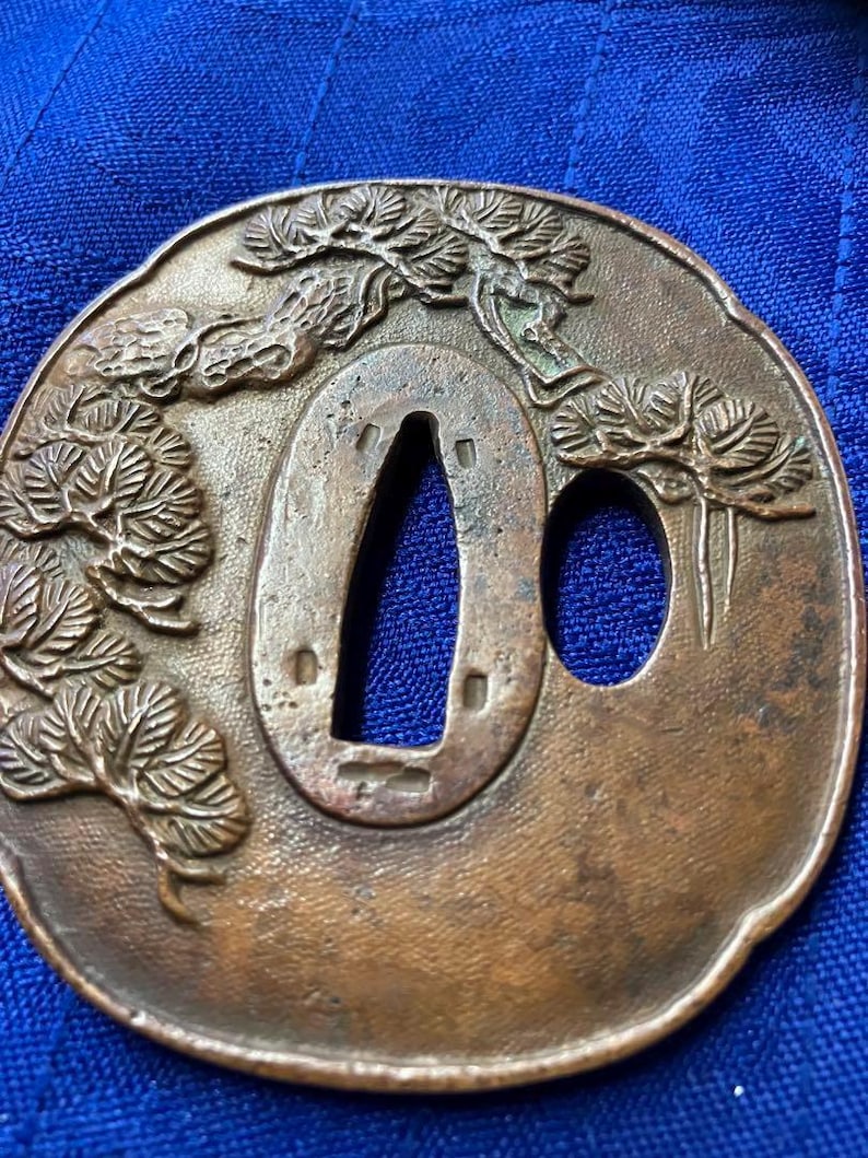 Antique Copper Tsuba With Pine Tree Design on Both Sides - Japanese ...