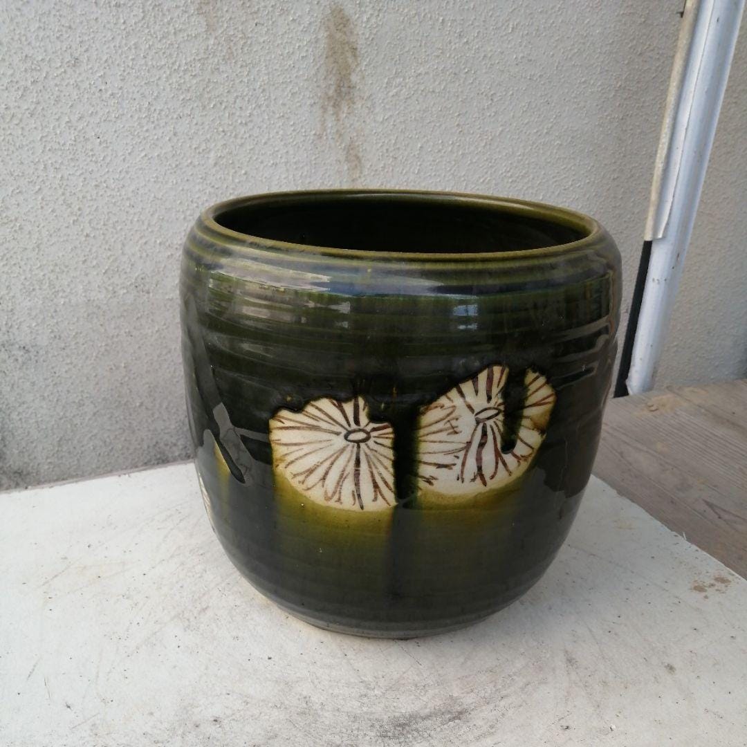 Vintage Oribe Green Hibachi, Japanese Pottery Planter or Fish Bowl ...