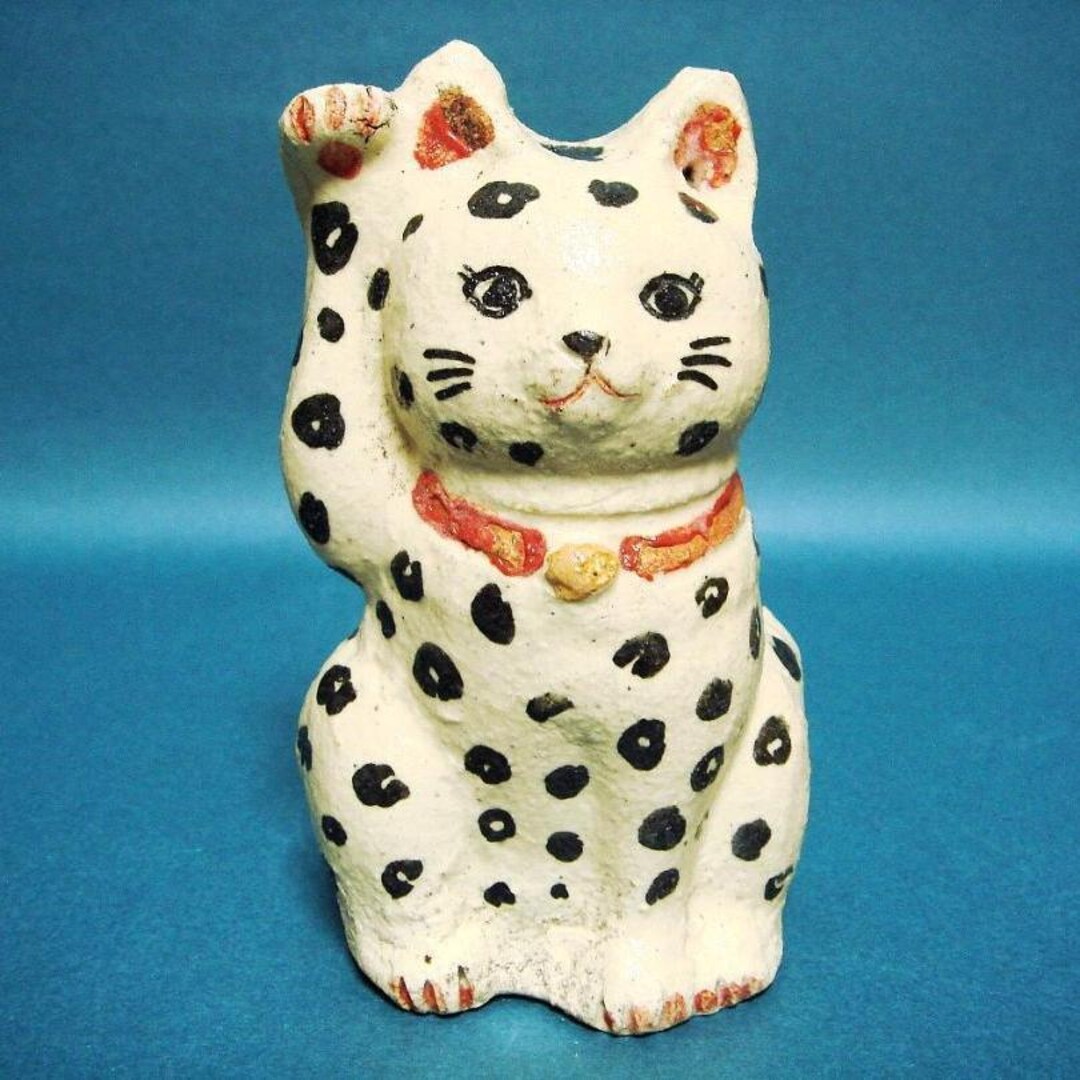 Antique Ceramic Snow Leopard Maneki Neko, Right Paw Raised for Wealth ...