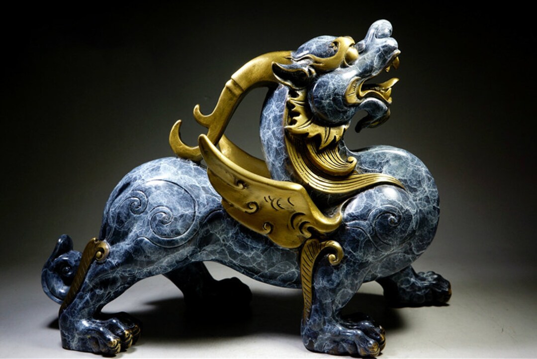 Vintage Feng Shui Copper Pixiu Figurine, High Relief Engraving, Lucky ...