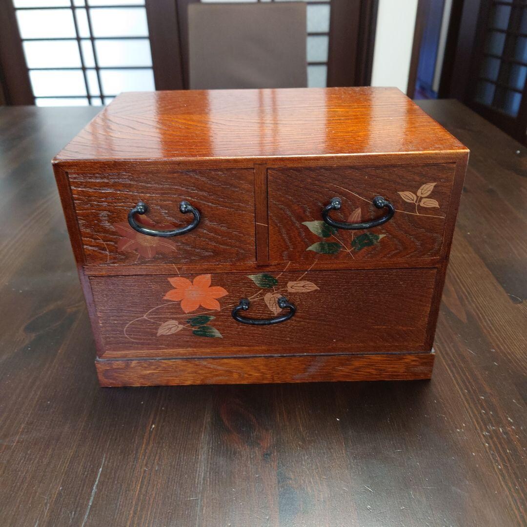 Japanese Mini Tansu Wooden Chest With Floral Motif – Vintage 3-drawer ...
