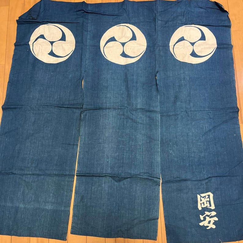 Vintage Indigo-dyed Noren Curtain With Japanese Crest, Perfect for ...