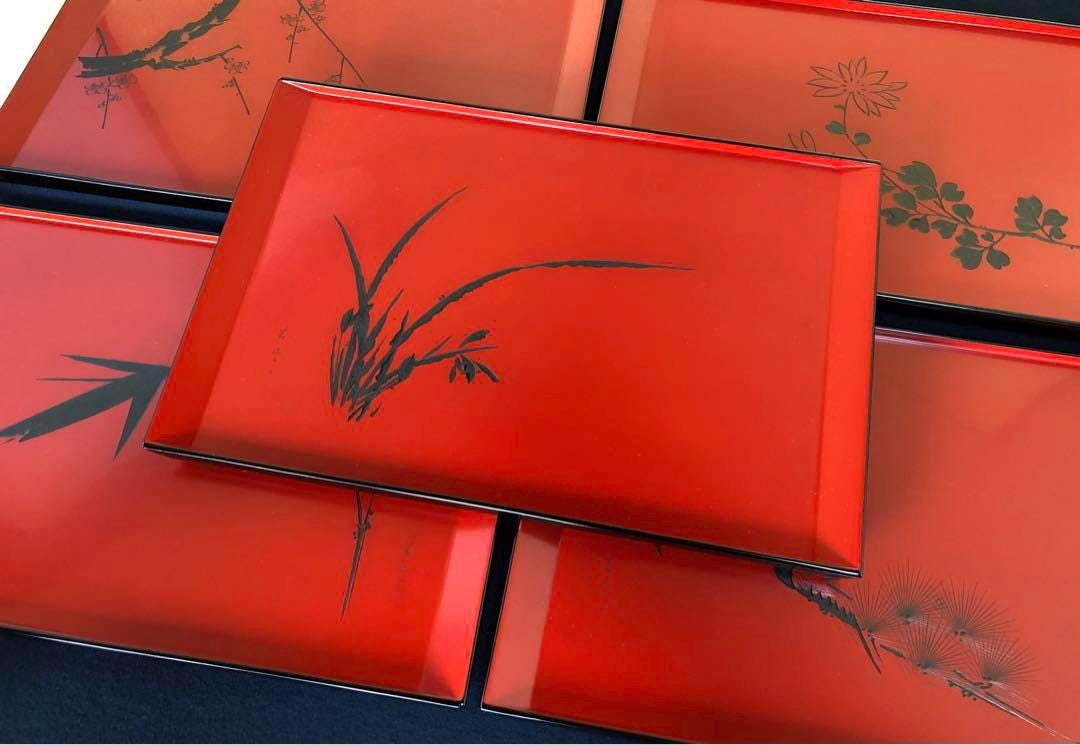 Set of 5 Wajima Lacquer Red Trays With Unique Designs Traditional ...