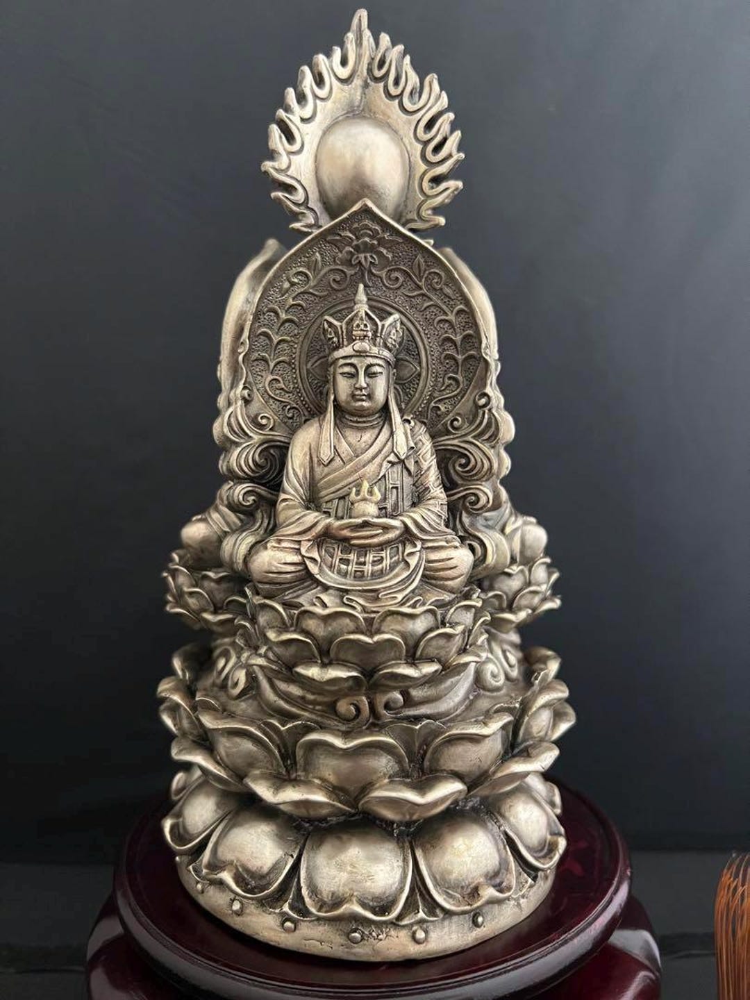 Vintage Bronze Three-faced Buddha Statue With Stand – 36.5cm, 2.9kg ...