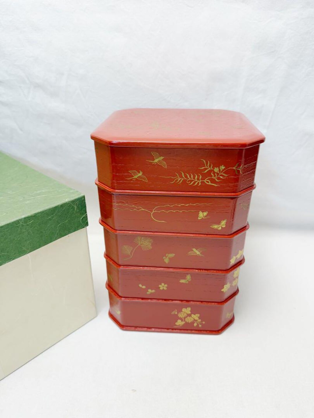 Japanese Lacquered Five-tier Jubako Bento Box – Red Woodware With Gold ...