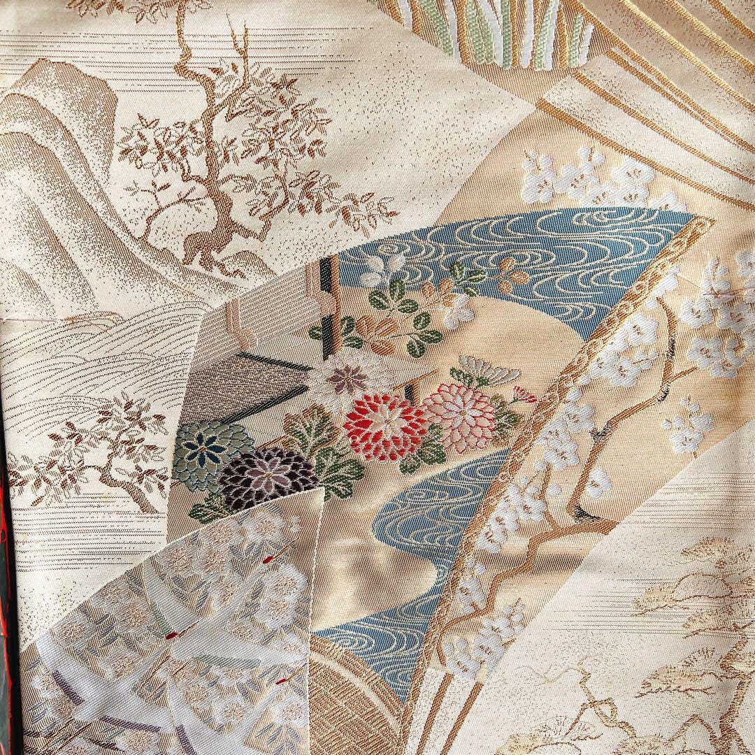 Japanese Obi With Floral Fan Pattern, Elegant Cream Color, Craft ...