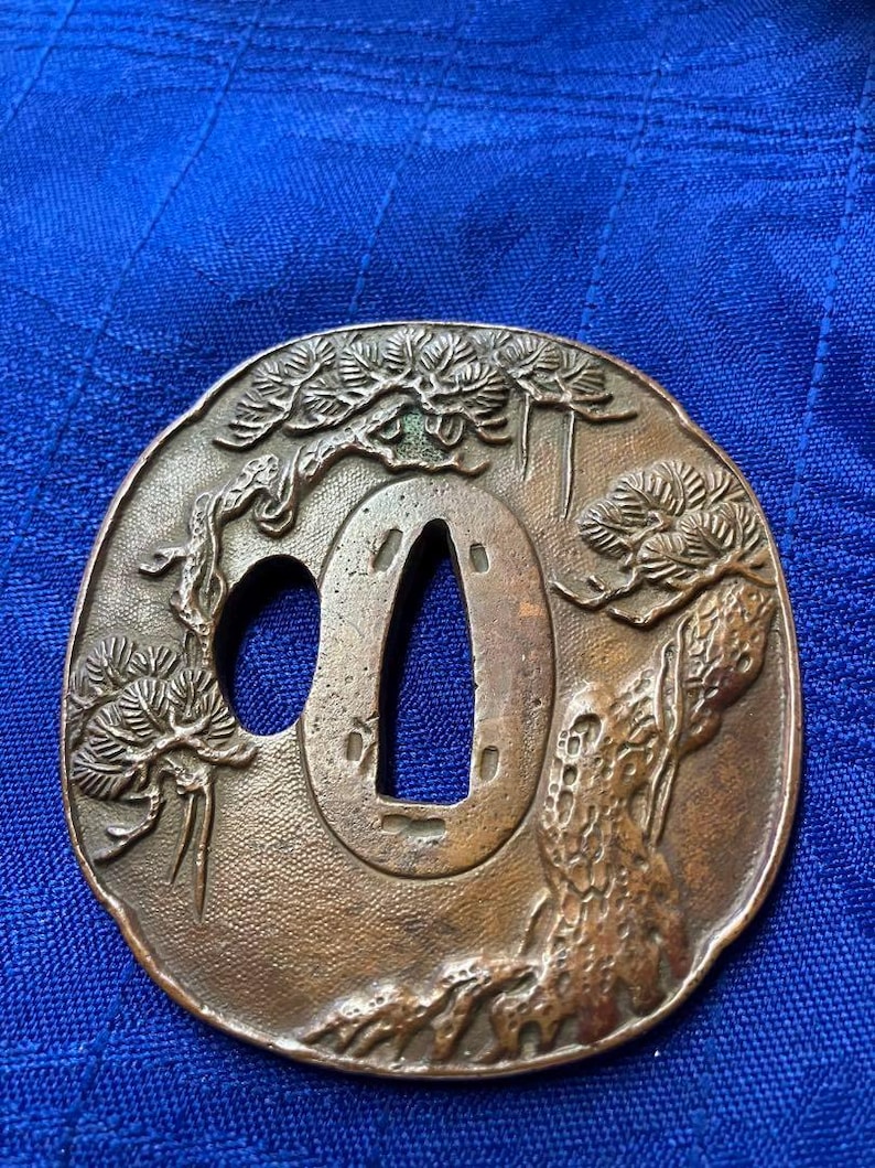 Antique Copper Tsuba With Pine Tree Design on Both Sides Japanese Sword ...