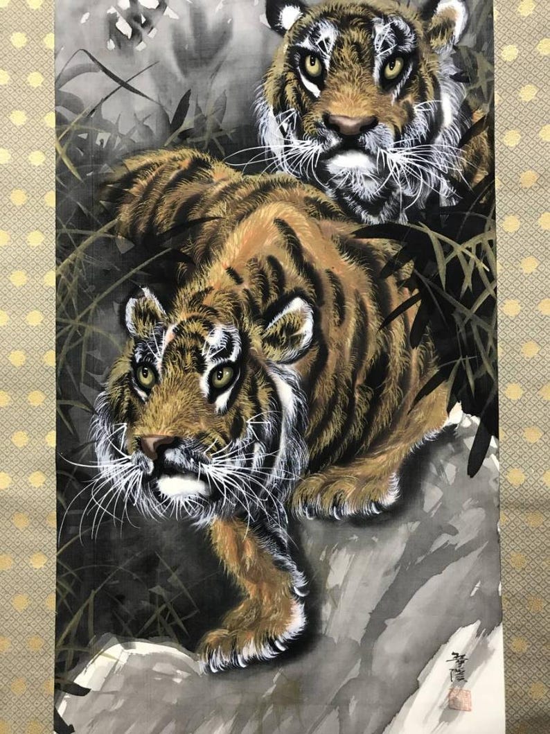 Japanese Tiger Scroll by Suikei – Powerful Hand-painted Twin Tigers on ...
