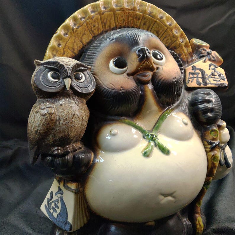 Shigaraki Tanuki With Owl - Lucky Japanese Ceramic Statue - Feng Shui ...