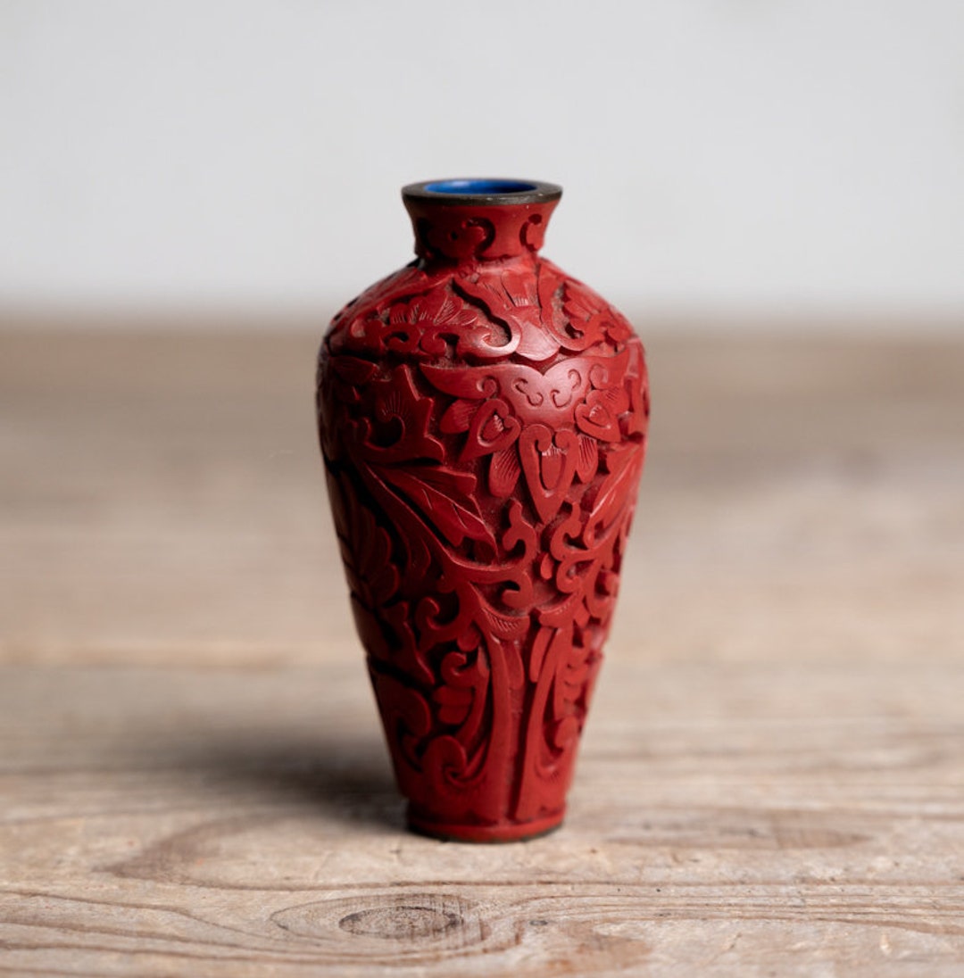 Antique Chinese Cinnabar Vase With Floral Arabesque Design, Enamel ...