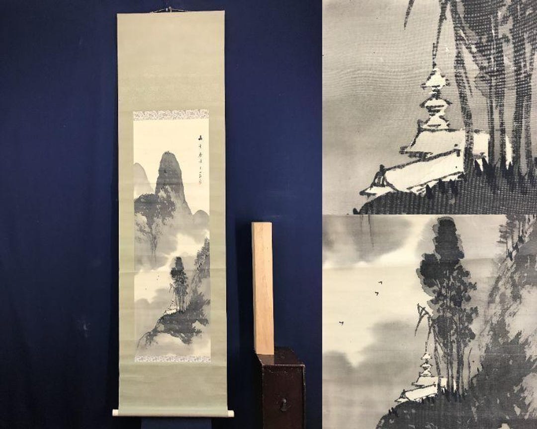 Japanese Hanging Scroll by Chikuzan – Ink Landscape With Pavilion in ...