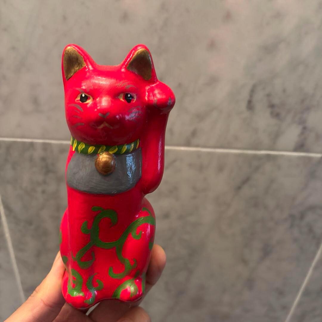 Vintage Japanese Red Lucky Cat - Hand-painted Left Paw up Maneki Neko ...