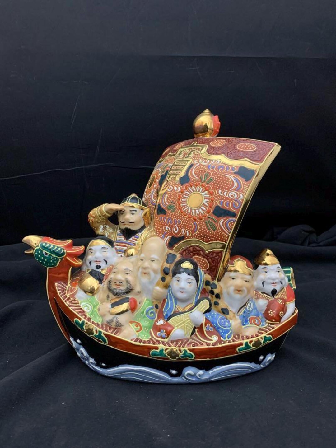 Vintage Kutani Ware Fukusuke Seven Gods of Fortune Boat Figurine ...