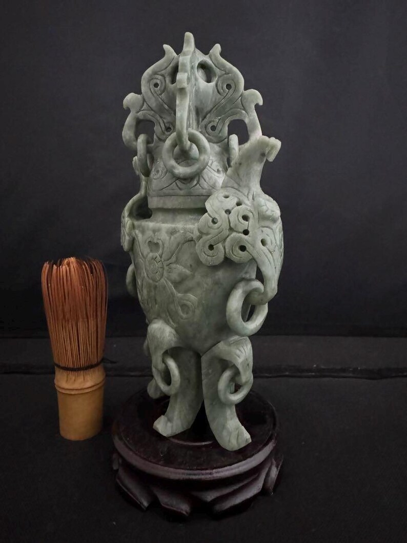 Vintage Jade Incense Burner With Wood Stand, 23cm Tall, Feng Shui Good ...