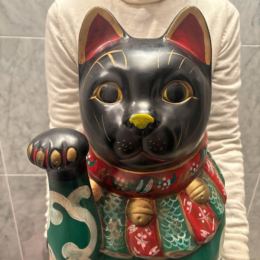 Large Rare Black Maneki Neko Statue, Hand-painted Lucky Cat With ...
