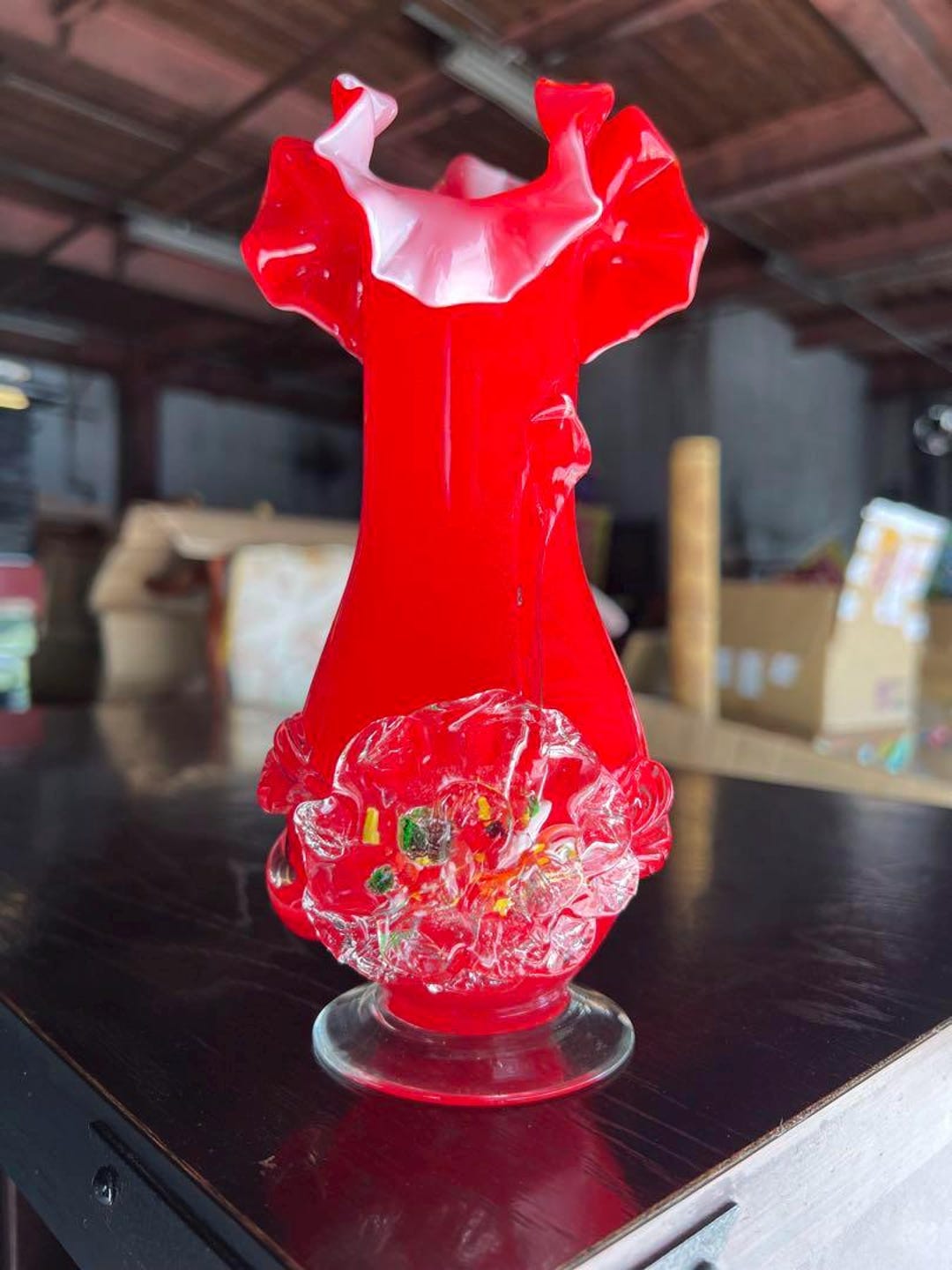 Vintage Retro Red Glass Vase With Ruffled Edge, Bold Decorative Flower ...