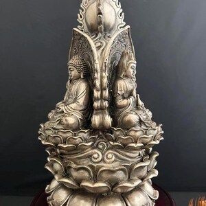 Vintage Bronze Three-faced Buddha Statue With Stand – 36.5cm, 2.9kg ...