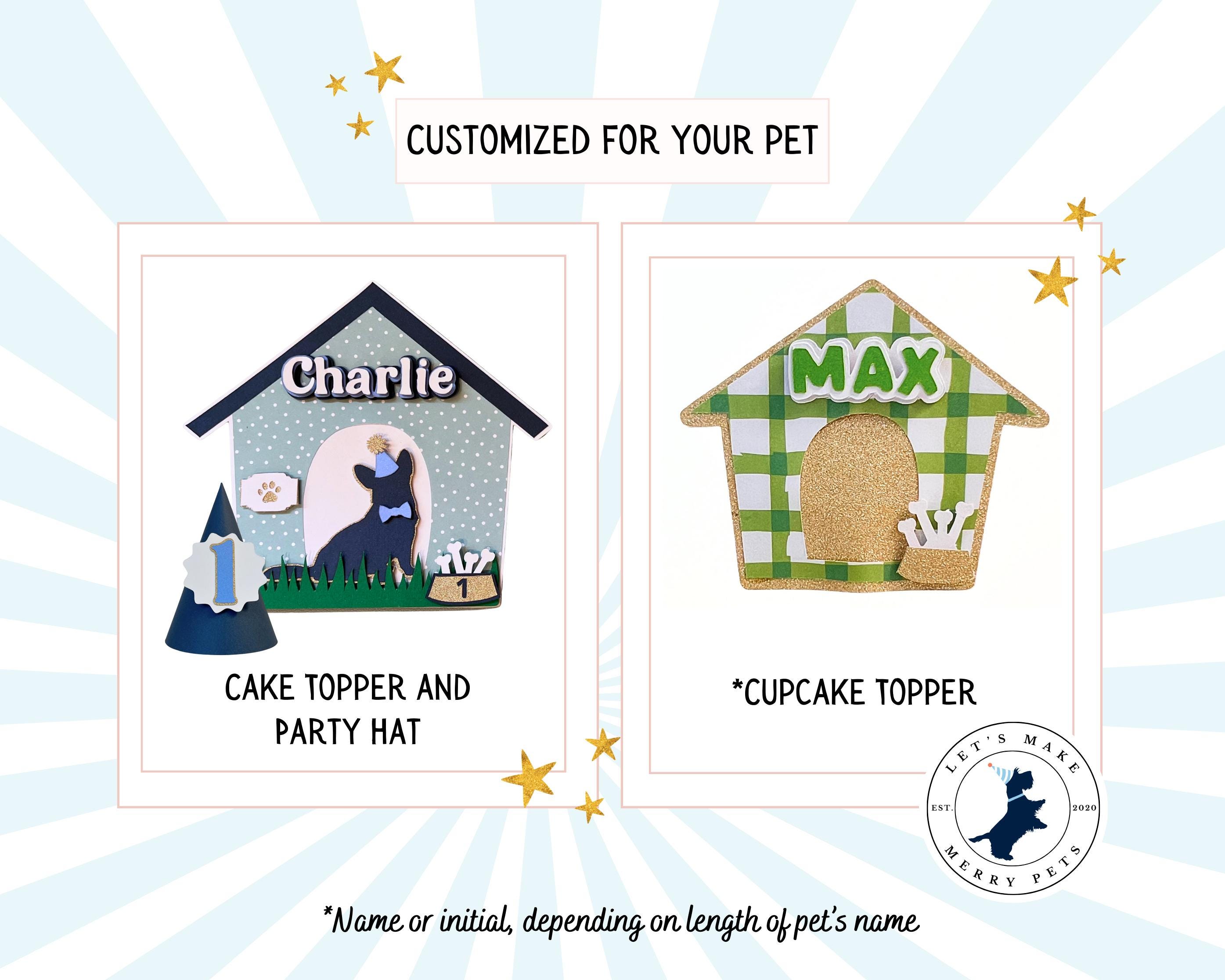 Custom Dog Birthday Cake Topper and Party Hat in Blue and White Polka ...