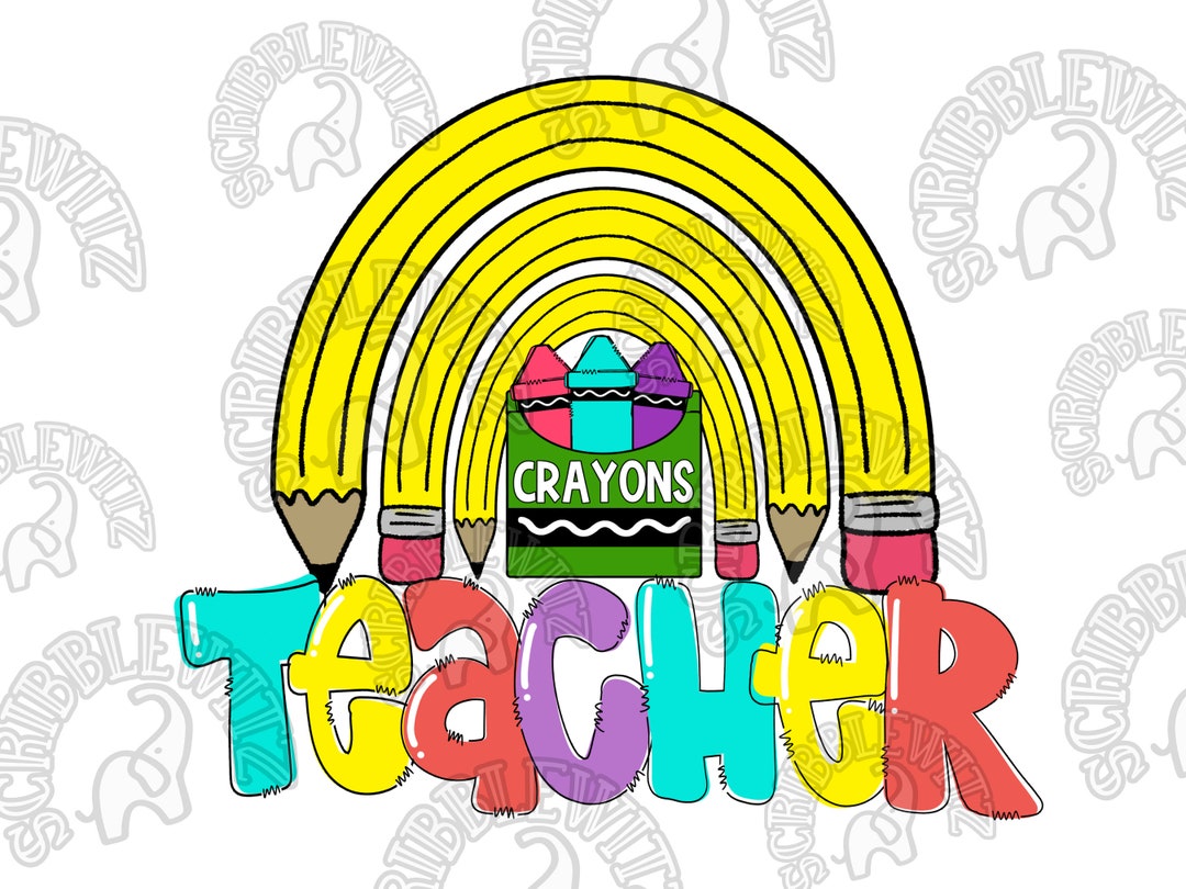 School Teacher Sublimation PNG Rainbow Design Pencil Clipart Hand Drawn ...