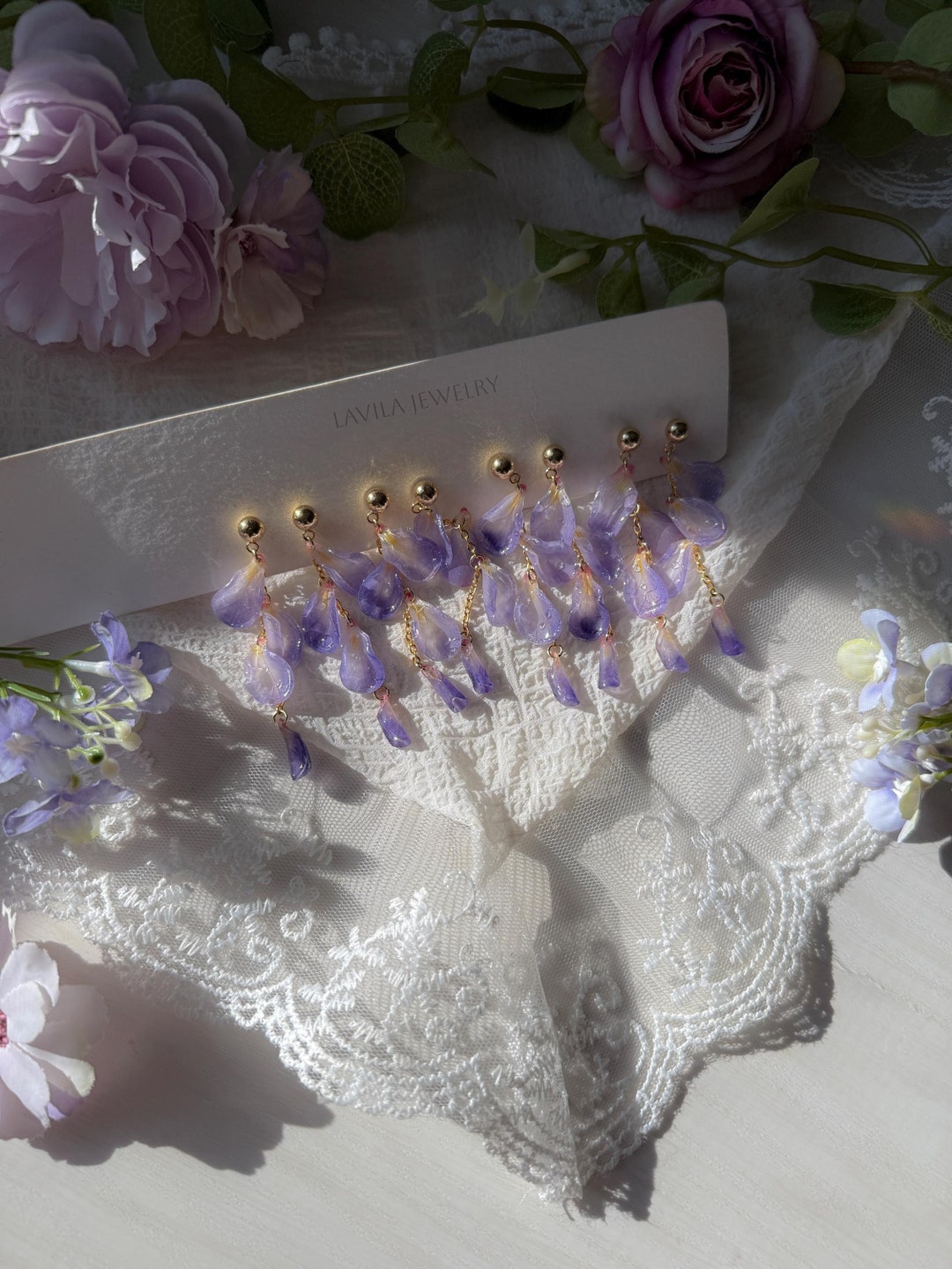 Wisteria Petal Earrings With Dew Drops, Hypoallergenic, Shrink Plastic ...