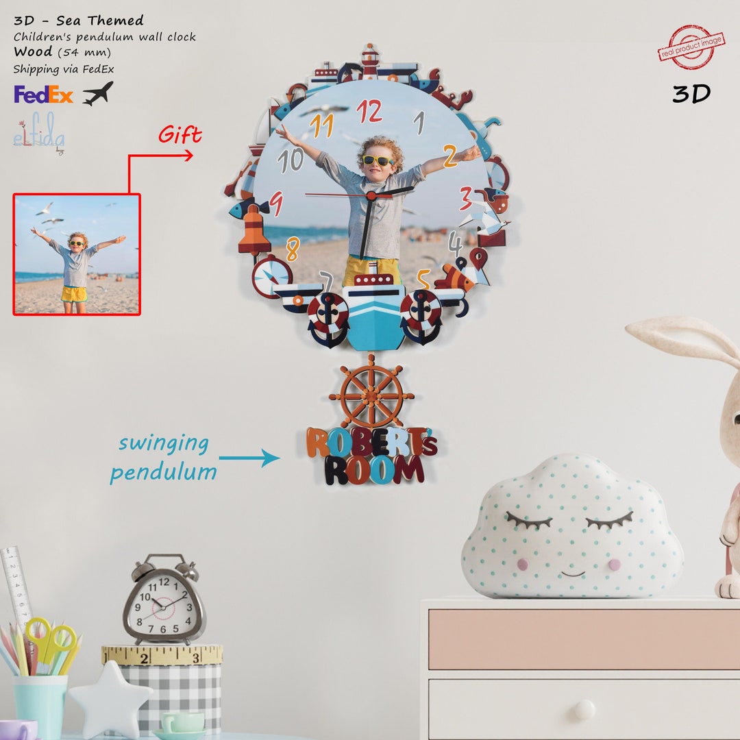Printed Child Clock, Child Room Wall Clock, Kid Wall Clock, Pendulum ...