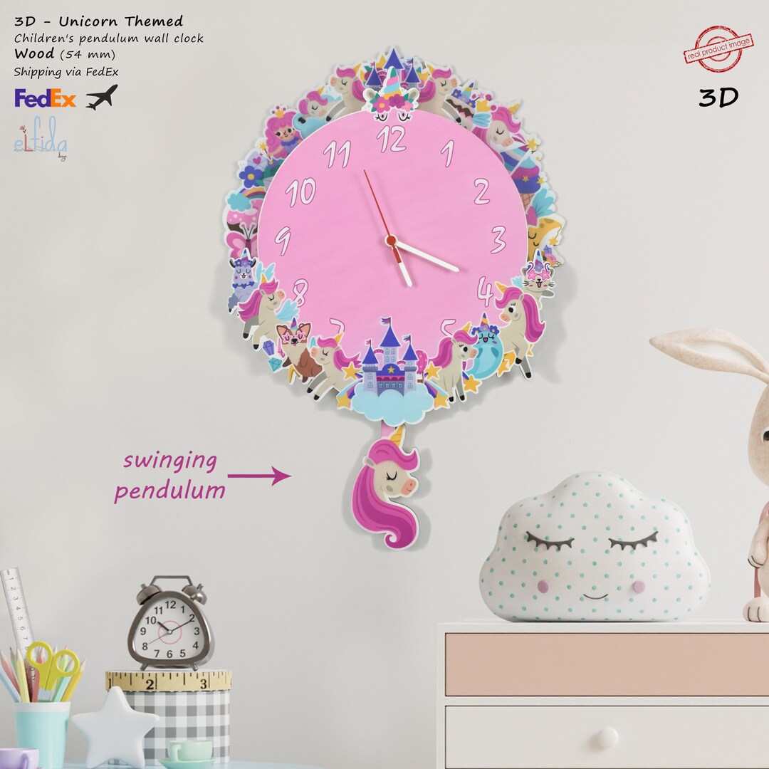 Printed Child Clock, Child Room Wall Clock, Kid Wall Clock, Pendulum ...