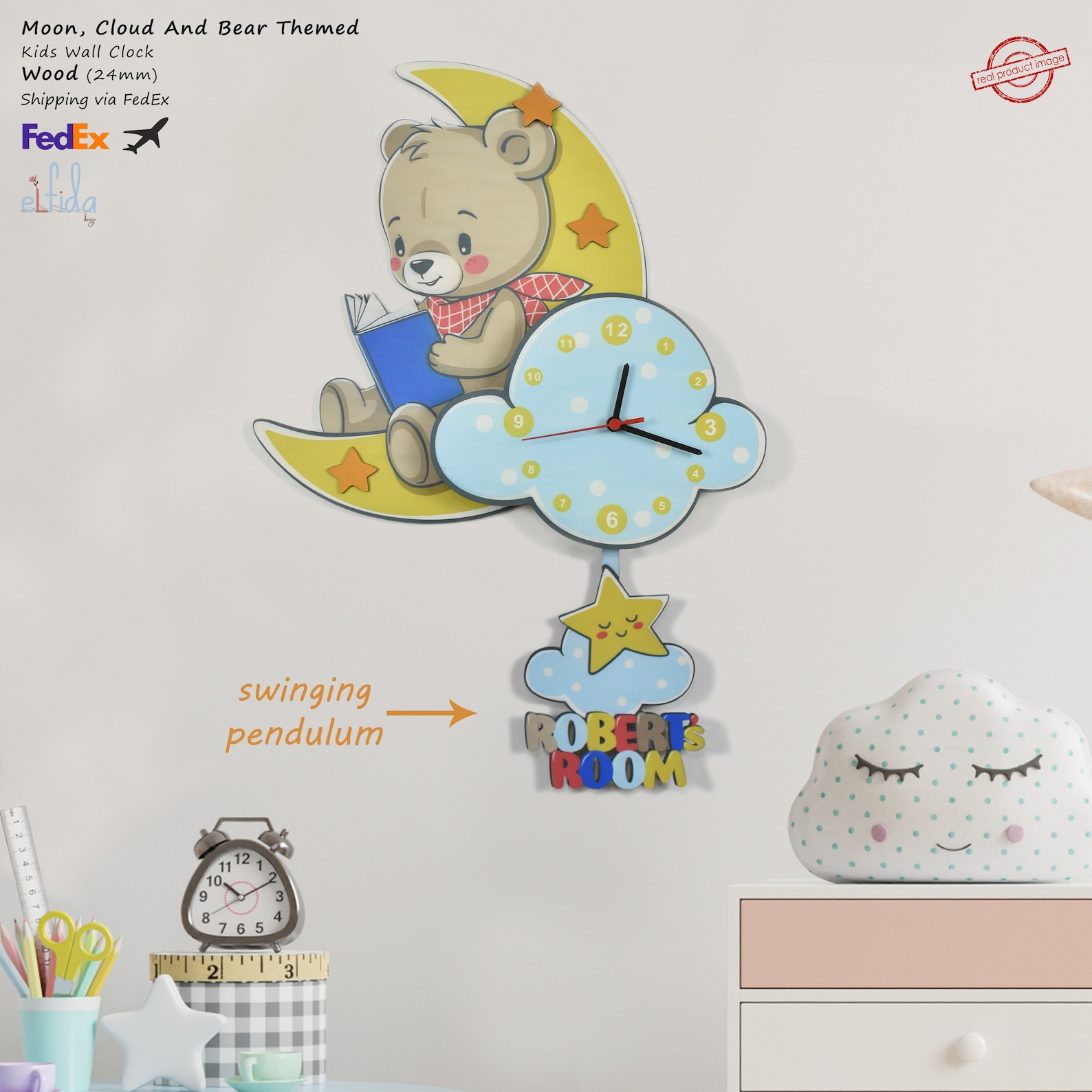 Child Room Wall Clock, Kid Wall Clock, Pendulum Kid Clock, Personalized ...