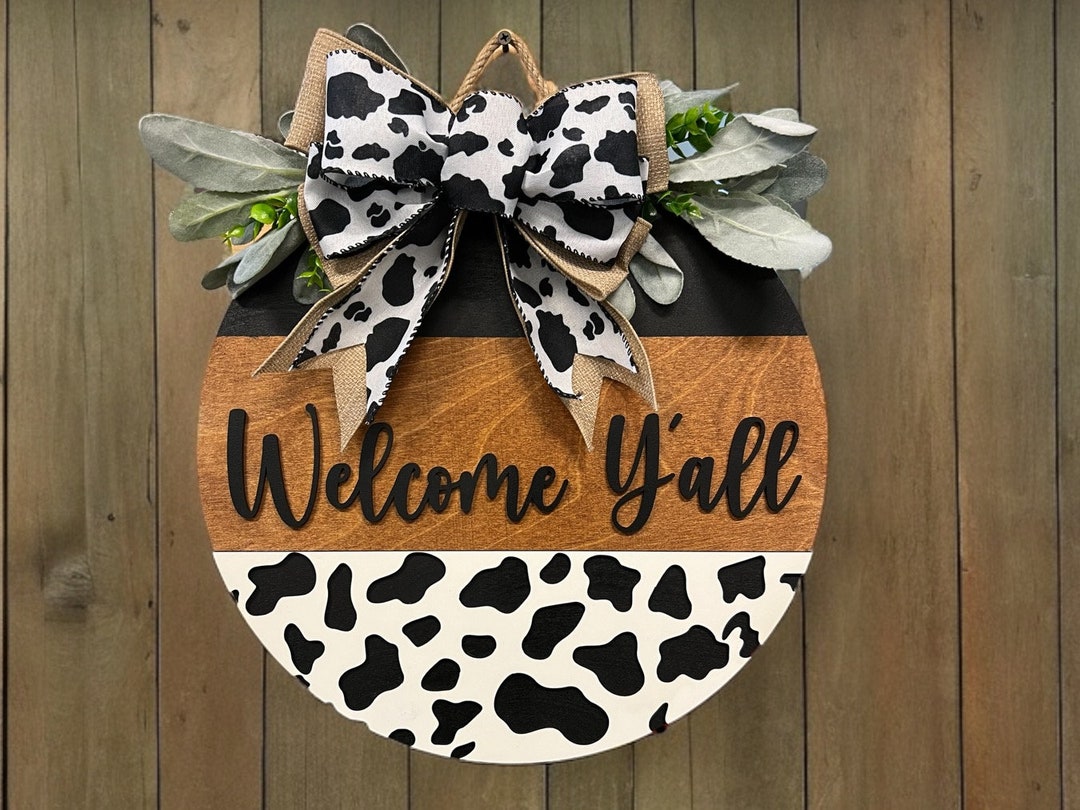 Cow Front Door Sign|welcome Yall Door Sign|cow Print Door Sign|cow ...