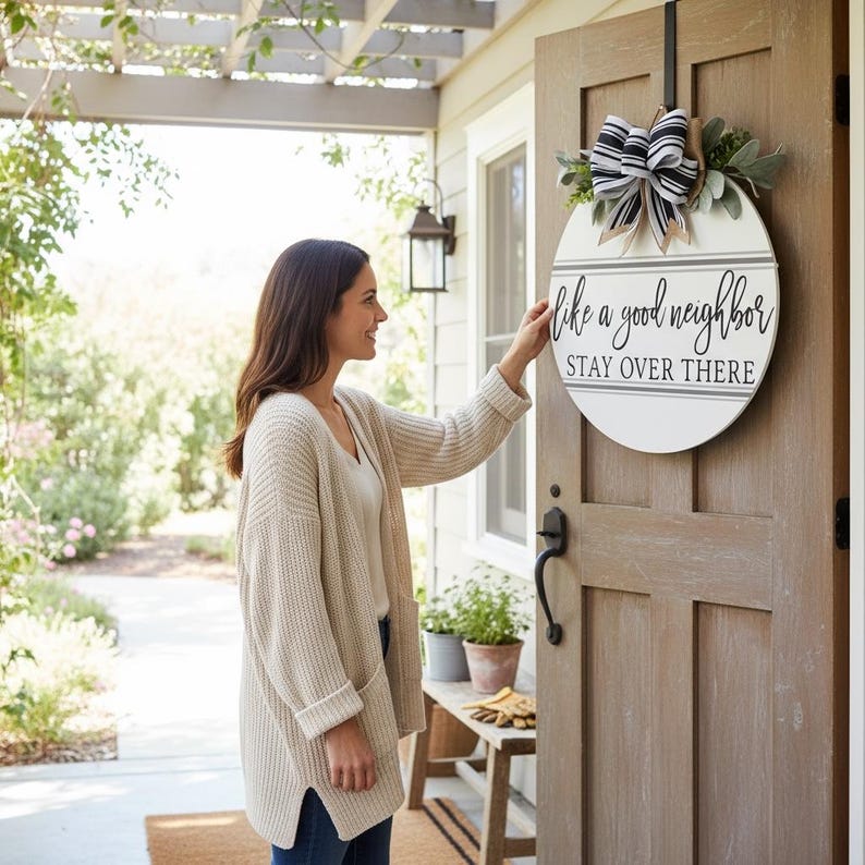 Like a Good Neighbor Stay Over There Door Sign | Funny Round Wood Door ...