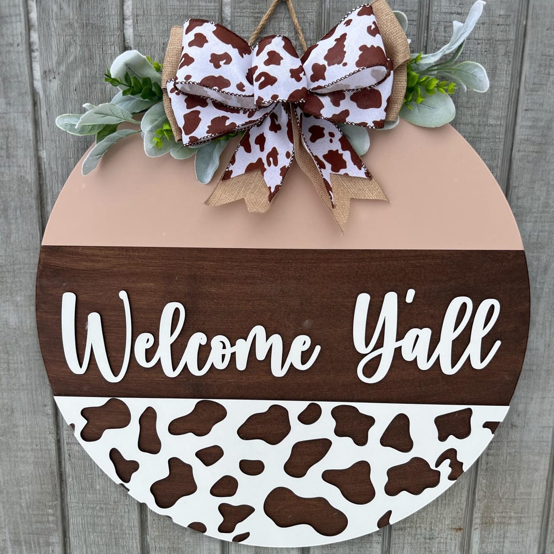 Cow Front Door Sign|welcome Yall Door Sign|cow Print Door Sign|cow ...