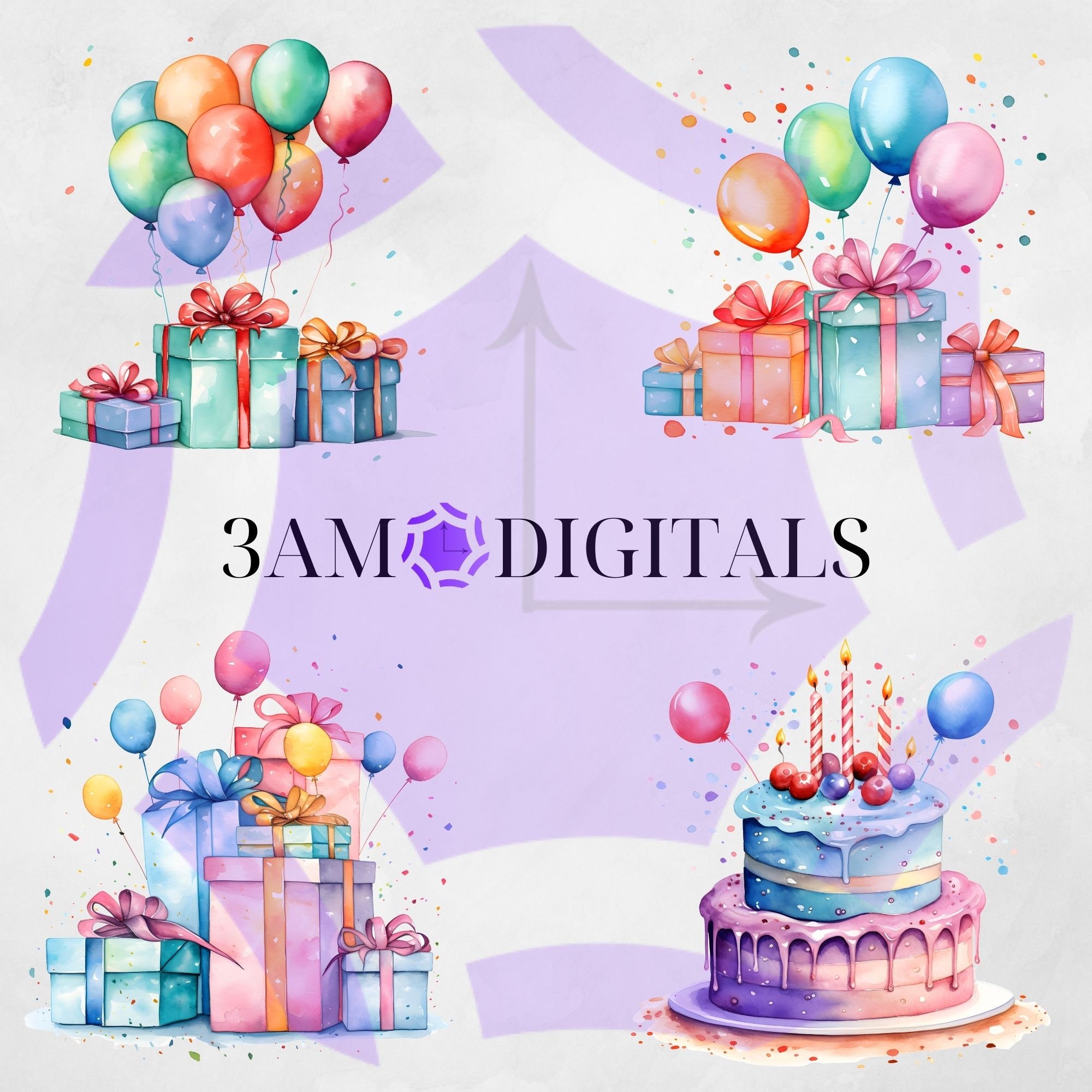 Watercolor Birthday Party Clipart Vol. 1 Bundle of 20 Balloons Cake ...