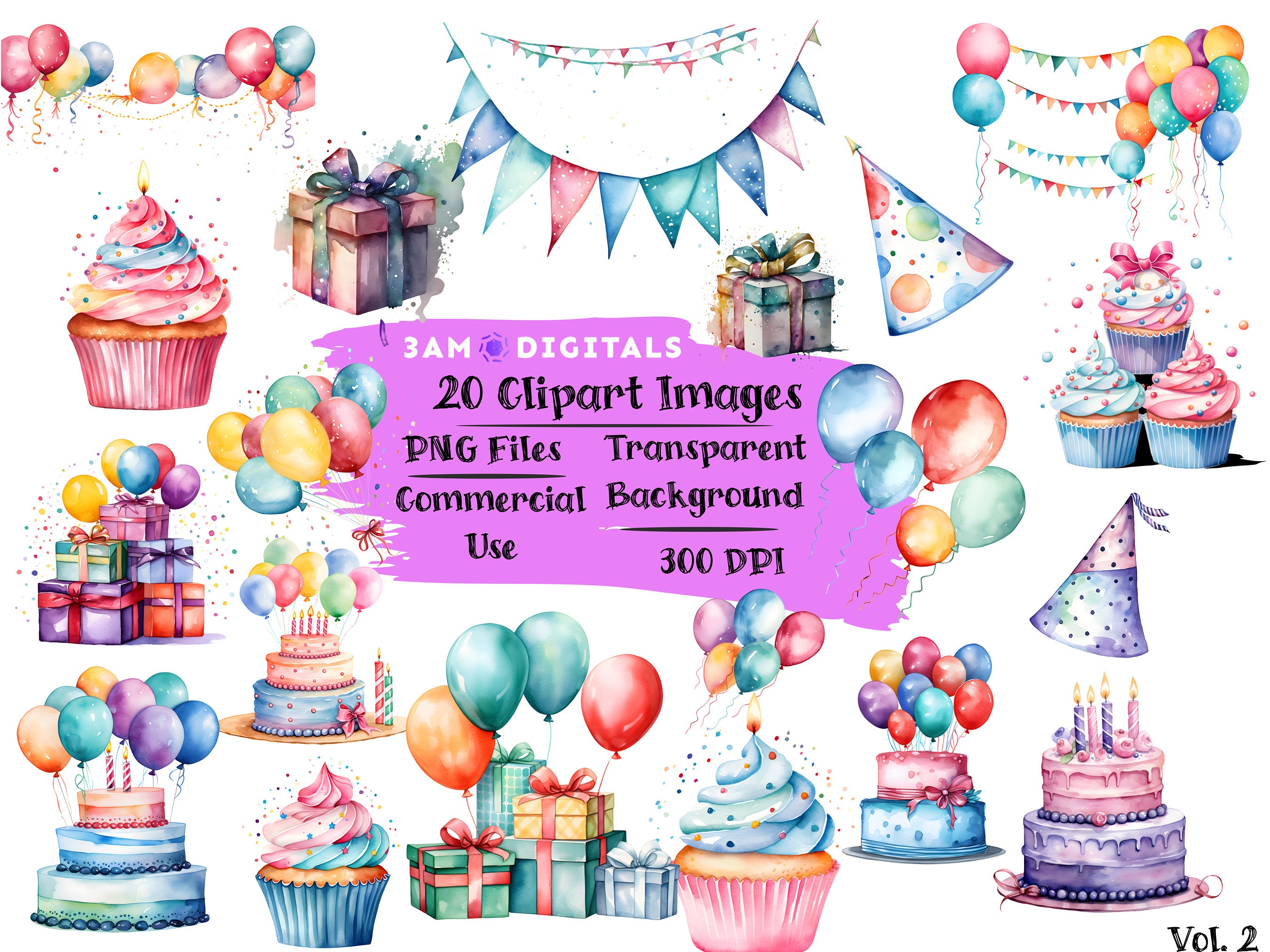 Watercolor Birthday Party Clipart Vol. 2 Bundle of 20 Balloons - Etsy