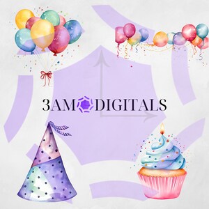 Watercolor Birthday Party Clipart Vol. 2 Bundle of 20 Balloons Cake ...