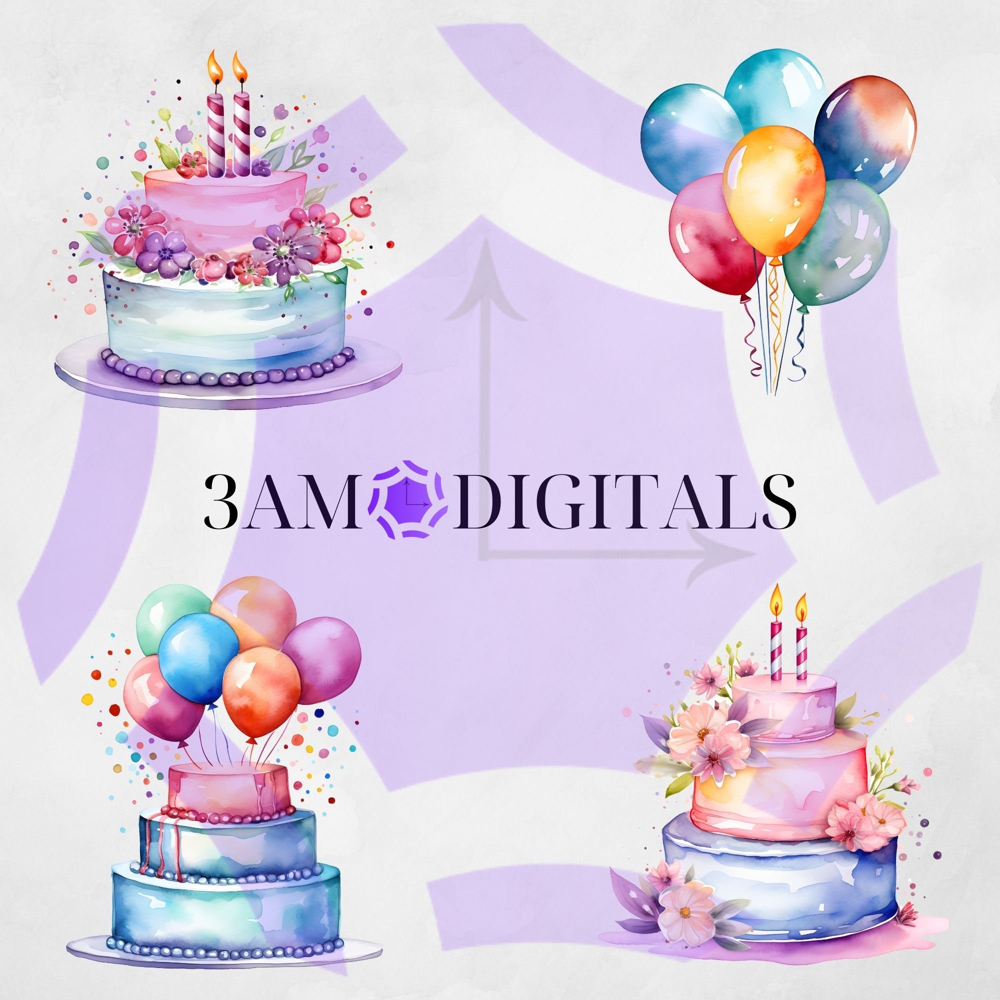 Watercolor Birthday Party Clipart Vol. 1 Bundle of 20 Balloons Cake ...