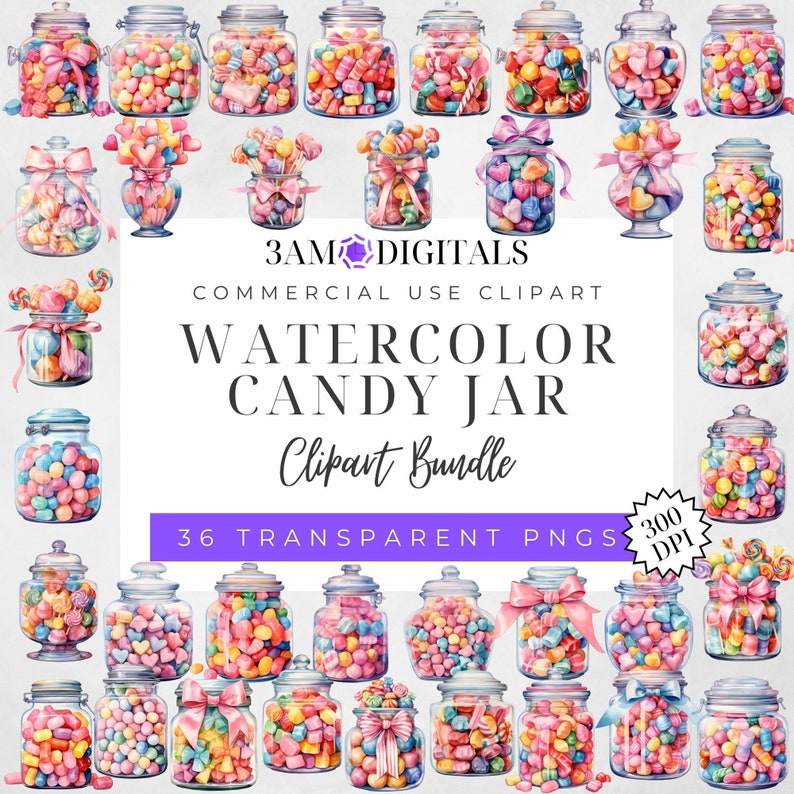 Watercolor Candy Jar of Sweets Clipart Bundle of 36 Transparent ...