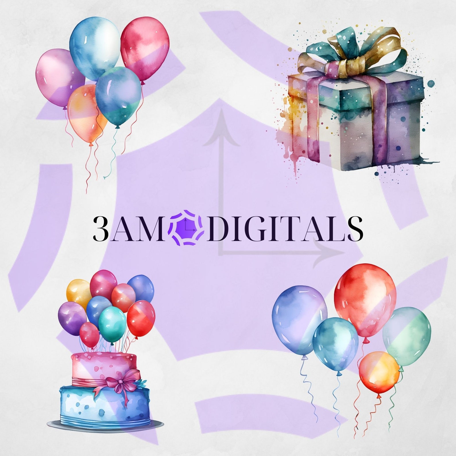 Watercolor Birthday Party Clipart Vol. 2 Bundle of 20 Balloons Cake ...