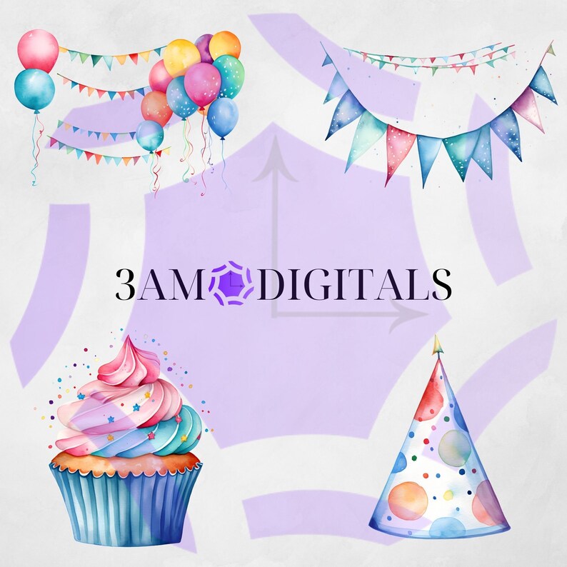 Watercolor Birthday Party Clipart Vol. 2 Bundle of 20 Balloons Cake ...