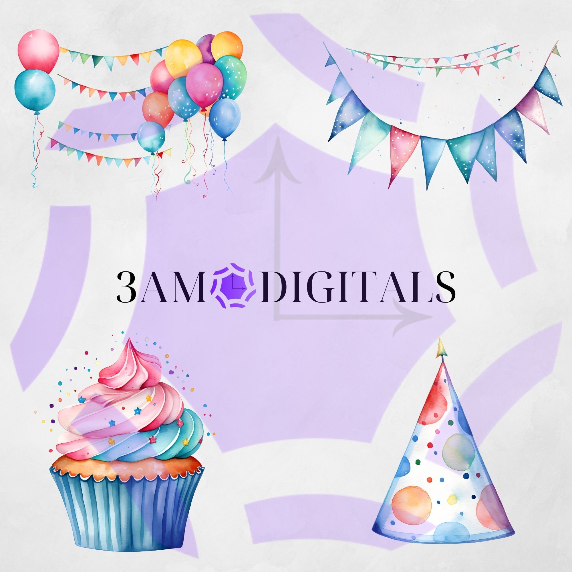 Watercolor Birthday Party Clipart Vol. 2 Bundle of 20 Balloons Cake ...